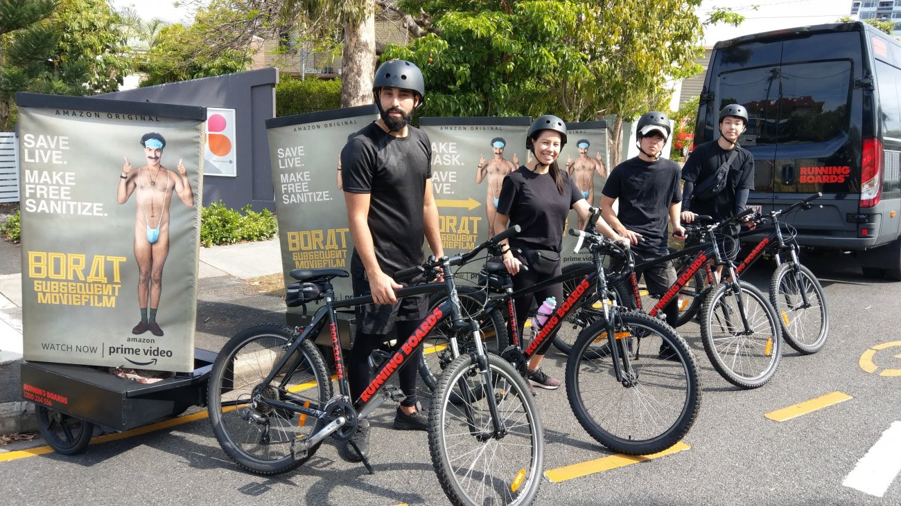 Running Boards bike boards OOH promotion for new Borat 2 film for ...